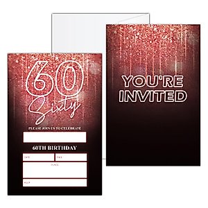 Ziyouza Neon Pink Birthday Invites, 60th Birthday Party Invitations for Woman and Man, Rose Gold Glitter Birthday Party Invitations (20 Count with Envelopes) for Adult Birthday, Surprise Party-29
