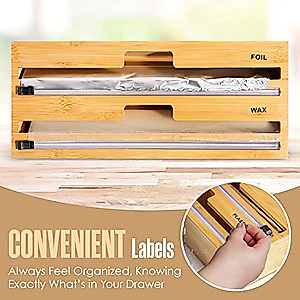 Plastic Wrap Dispenser with Cutter, Aluminum Foil Organizer, Two in One Roll Holder, 13.5"x5.75"x3", Wooden, Bamboo, Reusable, Saran Wrapper Dock, Wax Paper Dispensers for Kitchen Drawer | Houseables