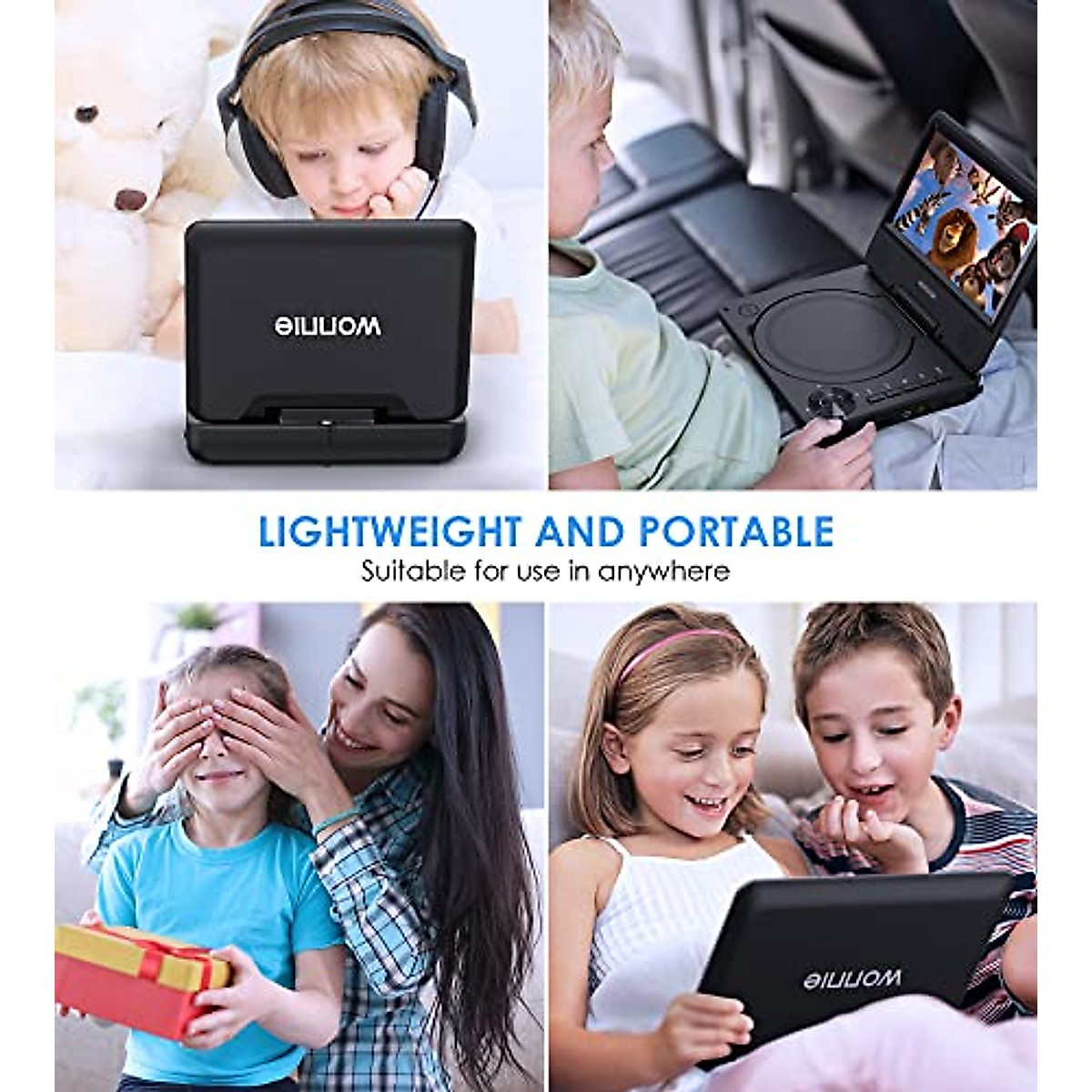 WONNIE 9.5" Portable DVD Player for Kids, Car Headrest Video Players with 7.5" Swivel Screen, 5-Hours Rechargeable Battery, Regions Free, AV in/Out, Support USB/SD Card/Sync TV
