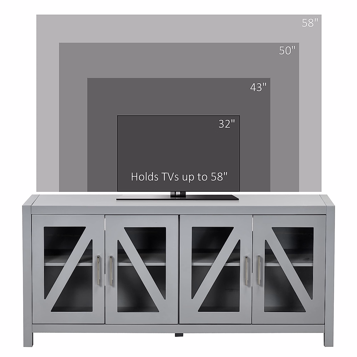 HOMCOM TV Cabinet Stand for TVs up to 58", Entertainment Center with Adjustable Shelves, 4 Glass Doors and 4 Cable Holes for Living Room, Gray