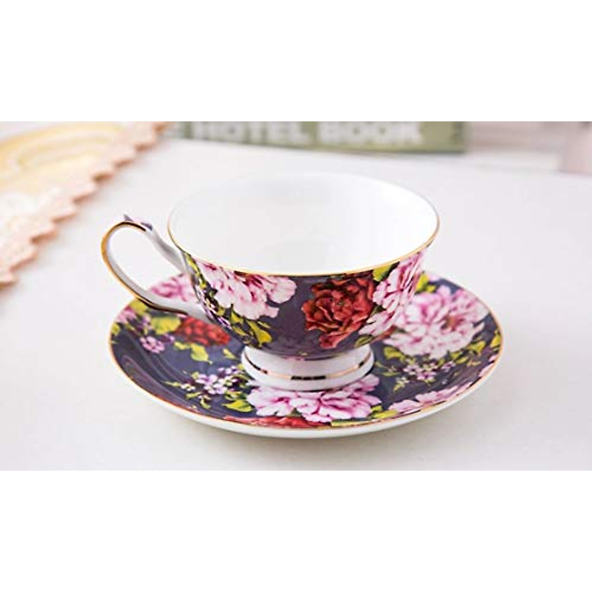 BTaT- Tea Cups, Tea Cups and Saucers Set of 6, Tea Set, Floral Tea Cups (8oz), Tea Cups and Saucers Set, Tea Set, Porcelain Tea Cups, Tea Cups for Tea Party, Rose Teacups, China Tea Cups (Bone China)
