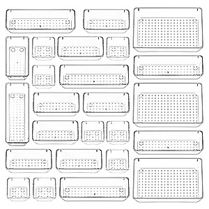 Puricon 25 Pcs Clear Desk Drawer Organizers Set, 4-Size Plastic Bedroom Vanity Dresser Tray Acrylic Bathroom Storage Bins for Makeups Jewelries Kitchen Utensils Gadgets Office Accessories -Clear