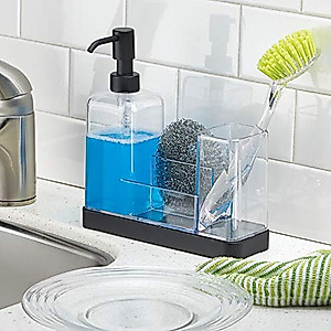 mDesign Plastic Kitchen Sink Countertop Liquid Hand Soap Dispenser Pump Bottle Organizer Holder with Storage for Kitchen, Bathroom - Holds Dish Sponge and Brushes - Omni Collection - Matte Black/Clear