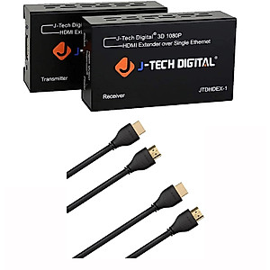 J-Tech Digital HDMI Extender by Single Cat 5E/6/7 Full Hd 1080P, EDID Copy, Dolby Digital/DTS with HDMI 2.0 Cable 3ft- 2 pack