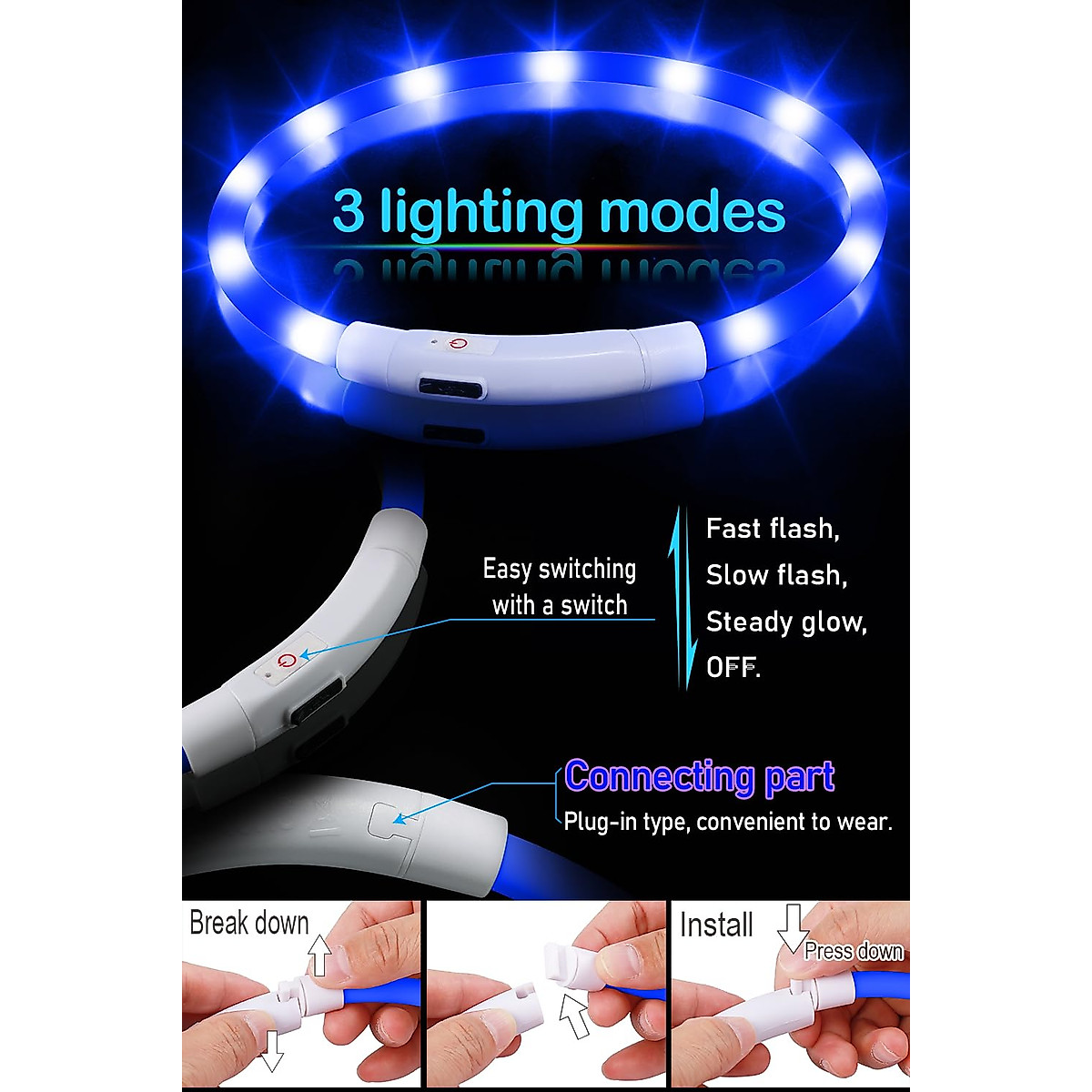 Waterproof LED Dog Collar USB Rechargeable Light Up Dog Collars Lights for Night Walking Lighted Safety Training & Behavior Aids for Small Medium to Large Dogs