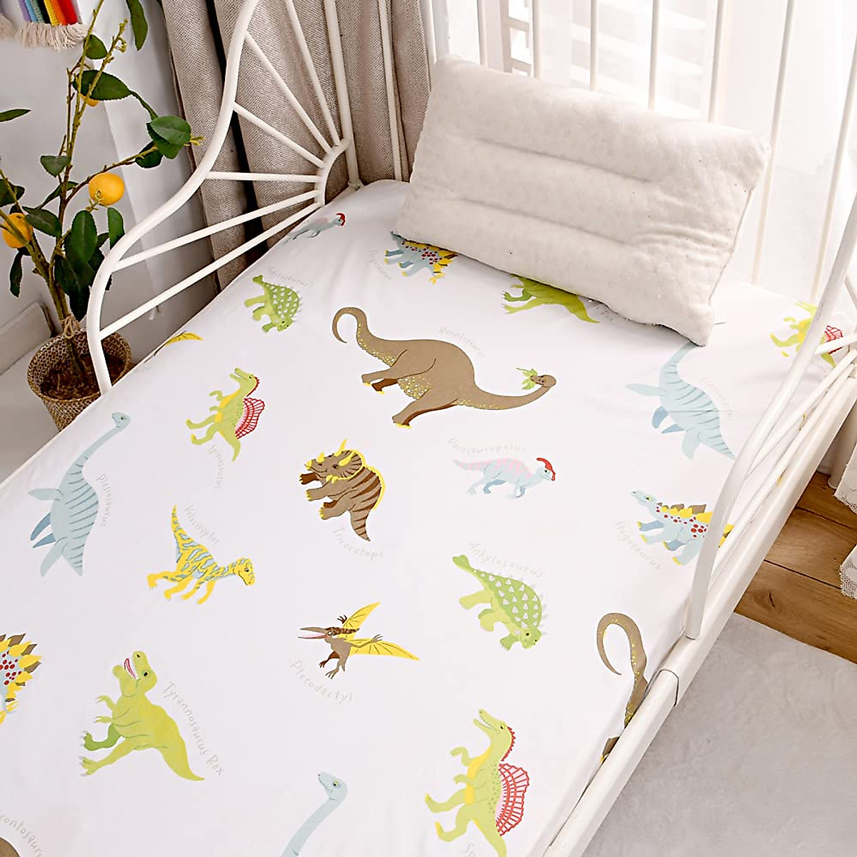NATURETY Bedding Fitted Sheet with Deep Pocket,Dino Printed Fabric Bed Sheets,Soft Dino Pattern Sheets for Kids Twin Size Bed (White(Dinosaur), Twin)