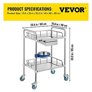 VEVOR Lab Cart 2 Layers Dental Cart with 1 Drawer Stainless Steel Cart 1 Refuse Basin Lab Utility Cart w/Silent Omnidirectional Wheels Stainless Utility Cart for Laboratory Hotel Restaurant Home Use