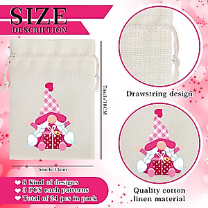 Whaline 24Pcs Valentine's Day Burlap Gift Bags Pink Gnome Pattern Drawstring Candy Bags Rustic Linen Pouches Sacks for Valentine's Day Party Favors Wedding Bridal Shower Supplies, 5 x 7Inch