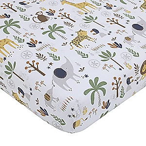 NoJo Jungle Trails Grey, Green and Gold Elephant, Lion and Giraffe 4 Piece Nursery Crib Bedding Set - Comforter, 100% Cotton Fitted Crib Sheet, Crib Skirt, and Storage