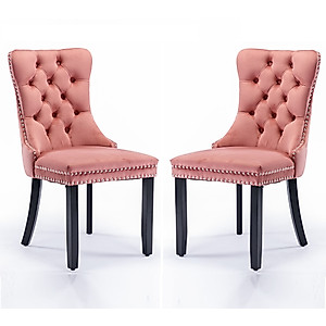 Set of 2 Dining Chairs Modern for Living Room Kitchen Accent Side Chair Solid Wood Legs Velvet Padded Cushion Seat and Back (Peach)