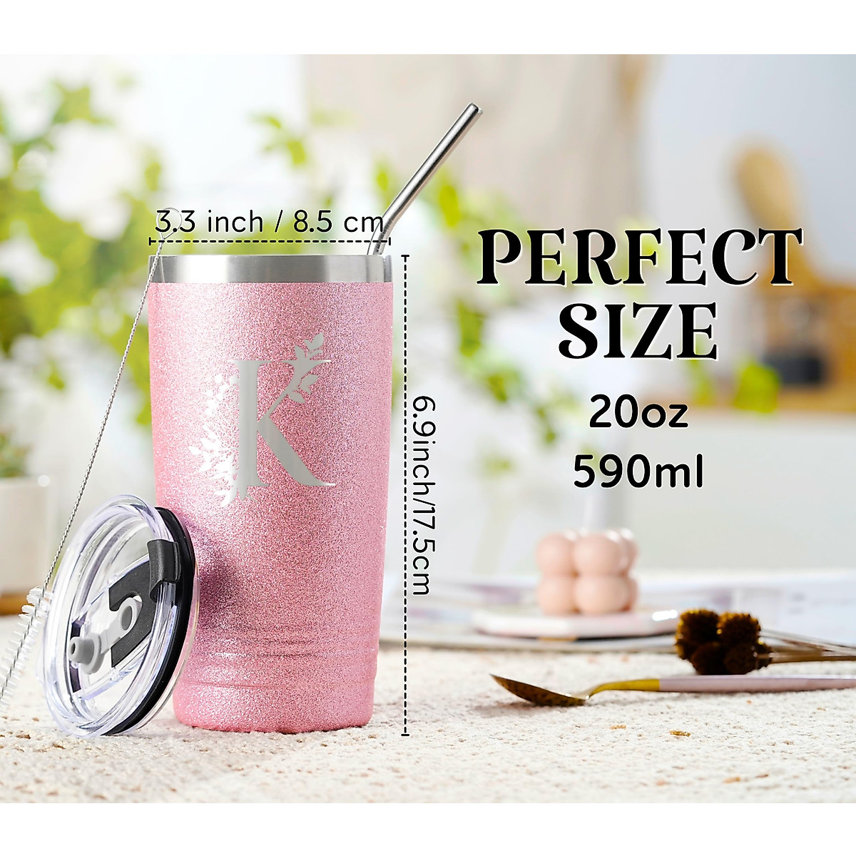 Personalized Tumblers with Lids and Straws for Women, Monogrammed Travel Mugs with Initials, Unique Gifts for Her on Birthdays Xmas, Rose Gold, S