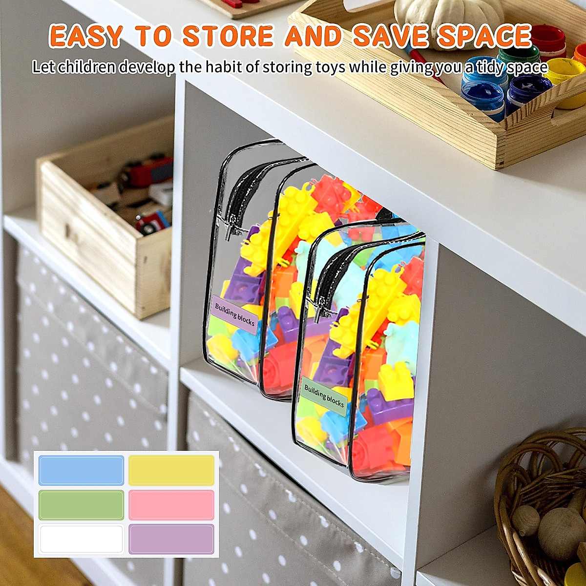 8 Packs Large Toy Storage Bags with Zipper and Labels, Clear PVC Waterproof Toy Organizers Bags for Board Games, Puzzles Pieces, Building Blocks, Handmade Accessories, Kid Books