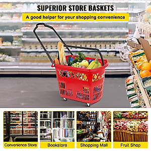 Mophorn 6PCS Shopping Carts, Plastic Rolling Shopping Basket with Wheels, Red Shopping Baskets with Handles, Portable Shopping Basket Set for Retail Store