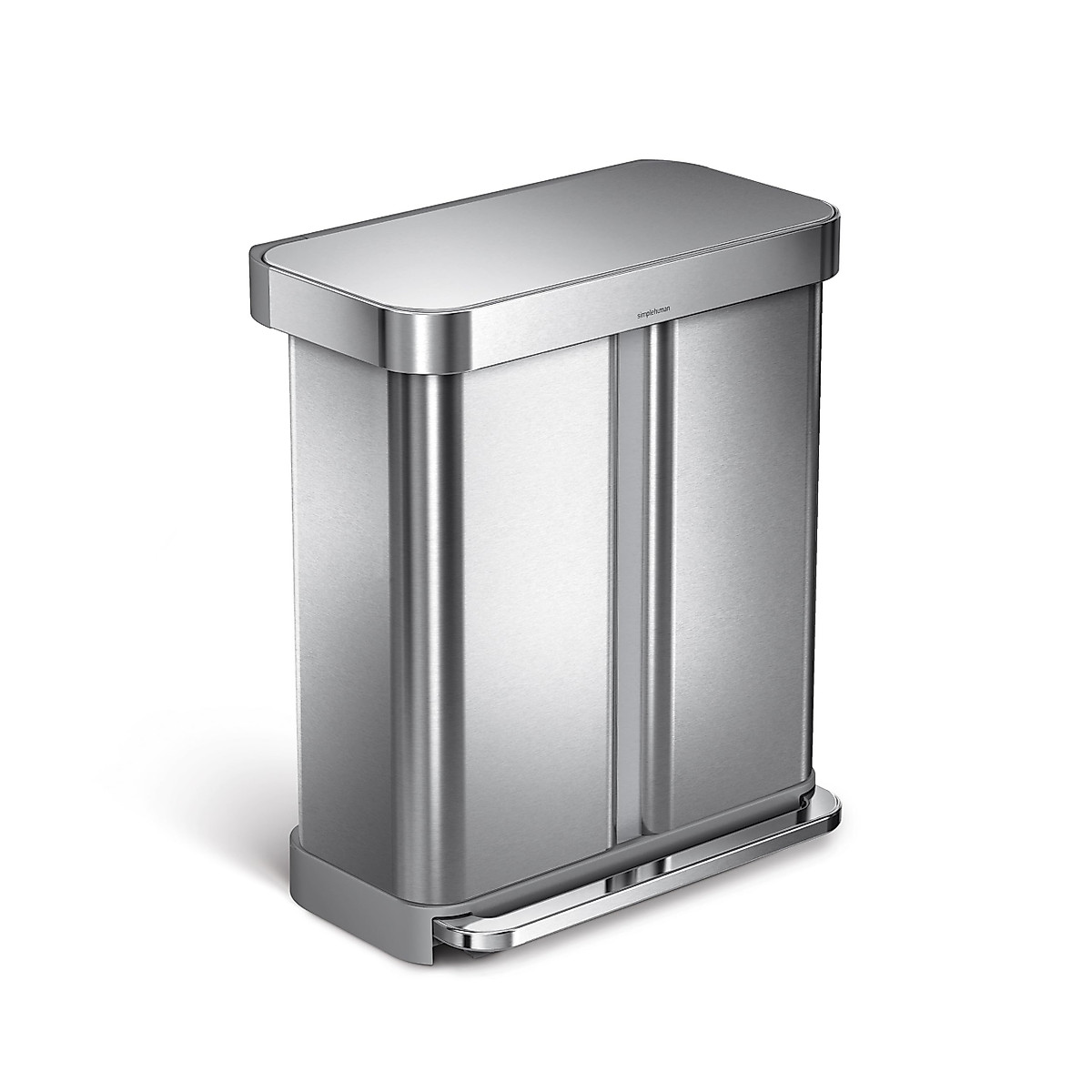simplehuman 58 Liter / 15.3 Gallon Rectangular Hands-Free Dual Compartment Recycling Kitchen Step Trash Can with Soft-Close Lid, Brushed Stainless Steel