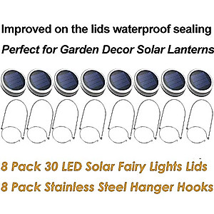 Mason Jar Solar Lantern Lights, 8 Pack 30 LED Bulbs Fairy Star Firefly Solar Lids Jar Lights,8 Hangers Included(No Jars),for Patio Garden Mason Jar Lanterns Table Wedding Decorations Lights