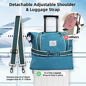 WALNEW Travel Duffel Bag, Weekender Overnight Carry On Bag for Women Men, Foldable Waterproof Gym Luggage with Metal Buckle Detachable Shoulder Strap and Wet Compartment (Peacock Blue)