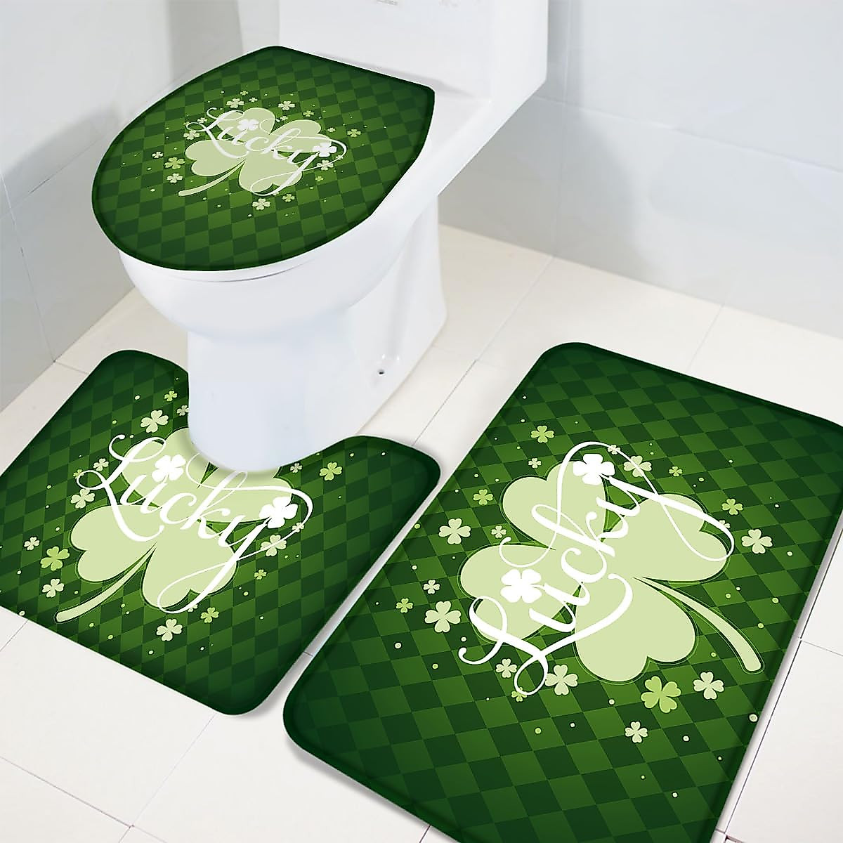 Bath Rugs for Bathroom Set 3 Piece St. Patrick's Day Lucky Shamrocks Clovers Green Diamond Plaid Non-Slip Washable Memory Foam Absorbent Bath Mat Rugs,U-Shaped Toilet Floor Mats,Toilet Lid Cover