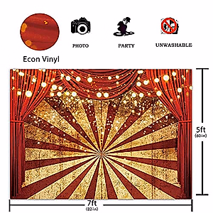Funnytree Golden Glitter Red Curtain Photography Backdrop Circus Carnival Sparkle Stripes Background Baby Shower Birthday Party Potrait Cake Table Decoration Banner Photo Booth Props Halloween 7x5ft