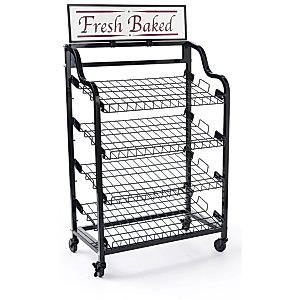 Displays2go Wheeled Metal Rack with Four Tilting Wire Shelves, Black (BAKCRT4NBK)