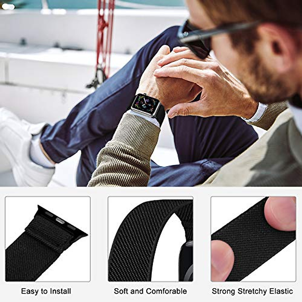 ENJINER Stretchy Nylon Solo Loop Bands Compatible with Apple Watch 38mm 40mm 41mm 42mm 44mm 45mm 49mm Ultra iWatch Series 8 7 SE 6 5 4 3 2 1 Strap, Sport Elastic Braided Women Men No Buckles Clasps Replacement Wristband, Black 42/44/45/49mm M