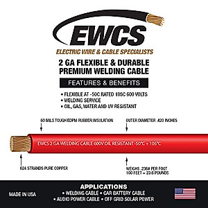 EWCS 2 Gauge Premium Extra Flexible Welding Cable 600 Volt - Red - 10 Feet - Made in the USA
