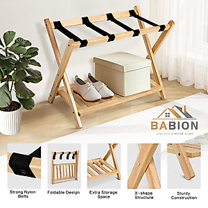 Babion Folding Luggage Racks with Shelf, Wooden Suitcase Stand, 2 Tier Foldable Luggage Racks with Heavy Duty Nylon Belts, Suitcase Bag Holder for Bedroom Guest Room, 4 Pack