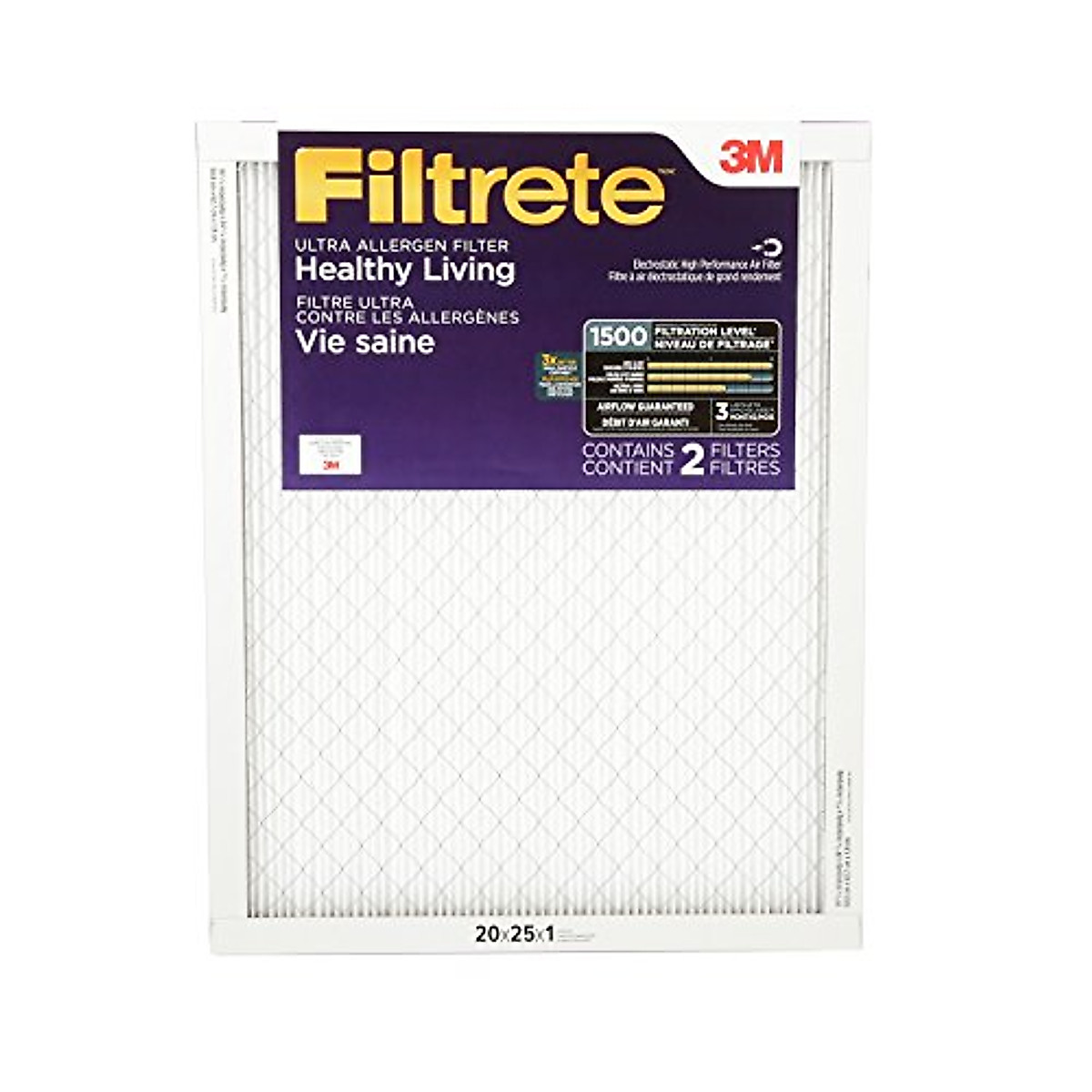 Filtrete 20x25x1 Air Filter, MPR 1500, MERV 12, Healthy Living Ultra-Allergen 3-Month Pleated 1-Inch Air Filters, 2 Filters