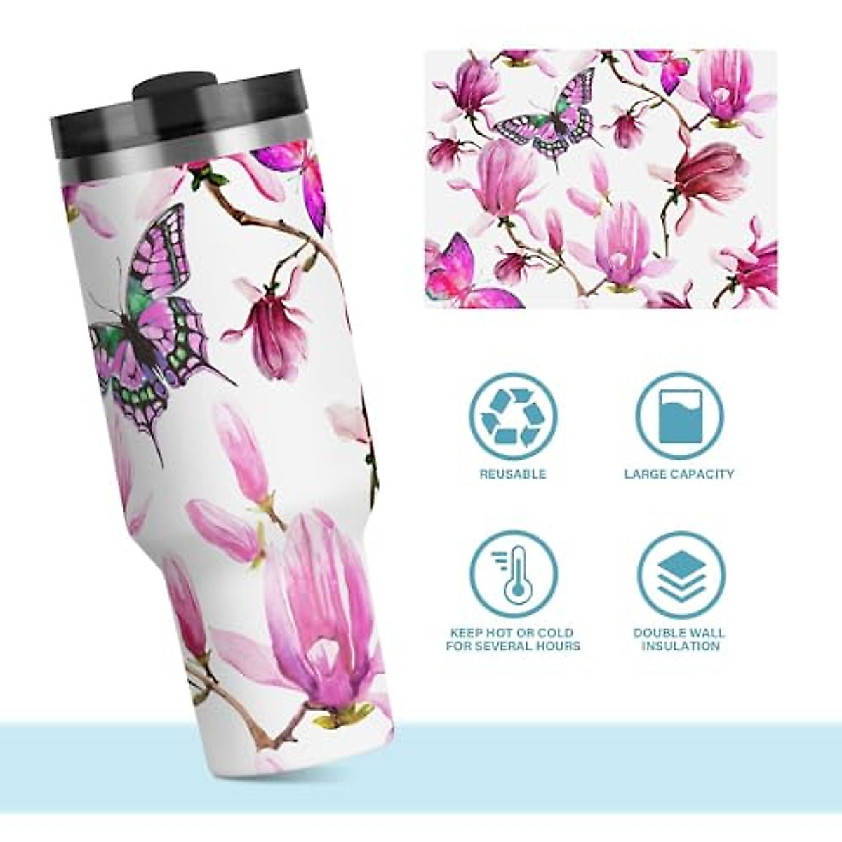 Yasala Car Tumbler with Handle Pinks Magnolia Butterfly Travel Mug Coffee Cup Insulated Beverage Container Mega Cup for Hot Cold Drinking Thermos Water Bottle Cupholder Friendly 40 oz