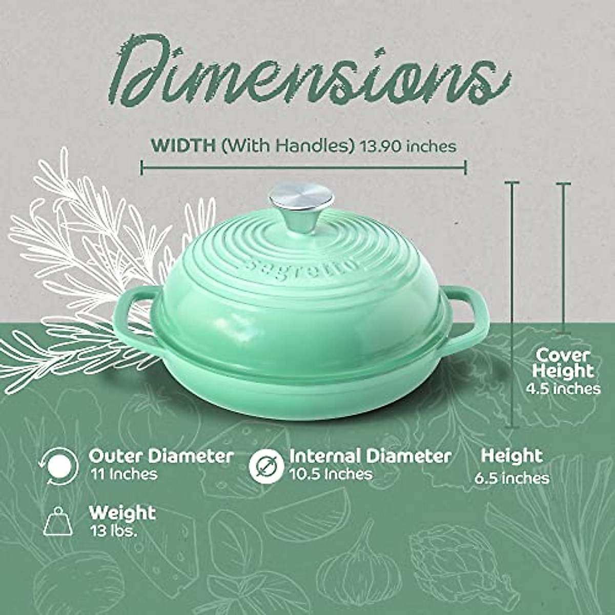 Enameled Cast Iron Bread Pan with Lid 11” Green Bread Oven Cast Iron Sourdough Baking Pan, Dutch Oven for Bread, No Seasoning Needed-Segretto Cookware