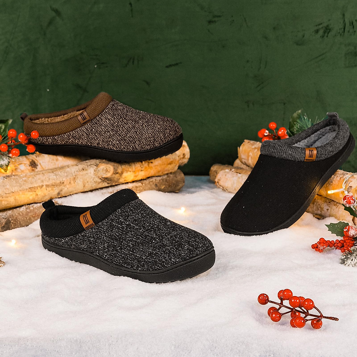 MERRIMAC Men's Slip-on Slippers Comfy Memory Foam Non-slip Indoor House Shoes Black,10-11 US