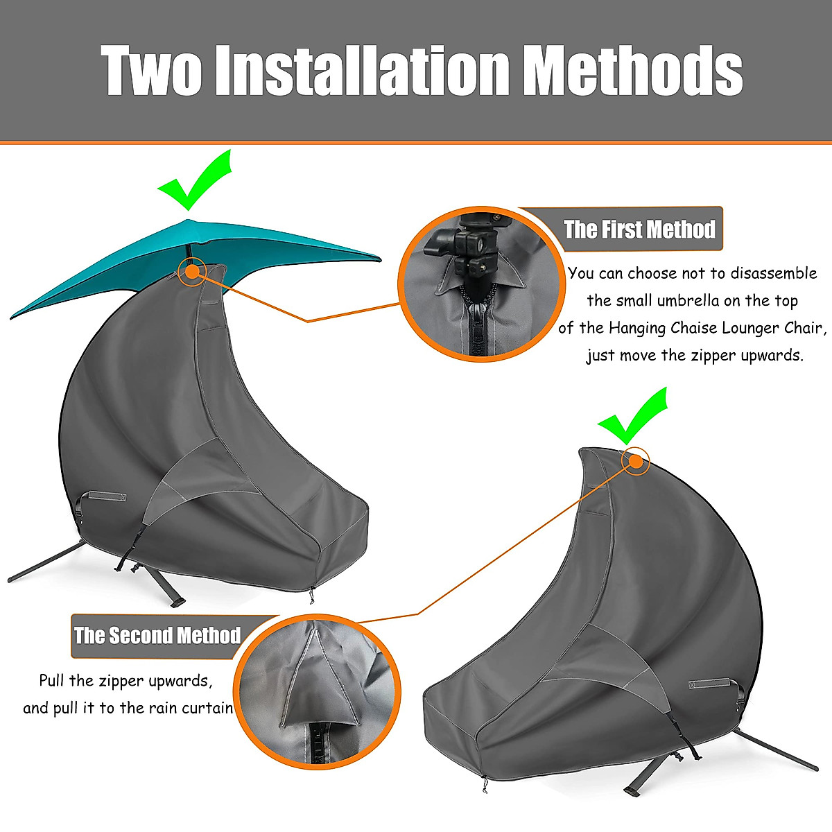 HWmatyCover Patio Hanging Chaise Lounge Cover, Heavy Duty Waterproof 73 Inch Patio Hanging Chair with Stand Cover, Hammock Cover for Outdoors, (79" Wx 50" D x74 H), Grey