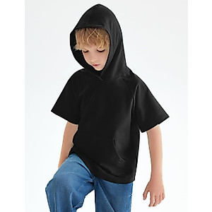 Spring&Gege Boys Light Weight Short Sleeve Hoodie Casual Solid Pullover Hooded T-shirt with Pocket, Black, 9-10 Years