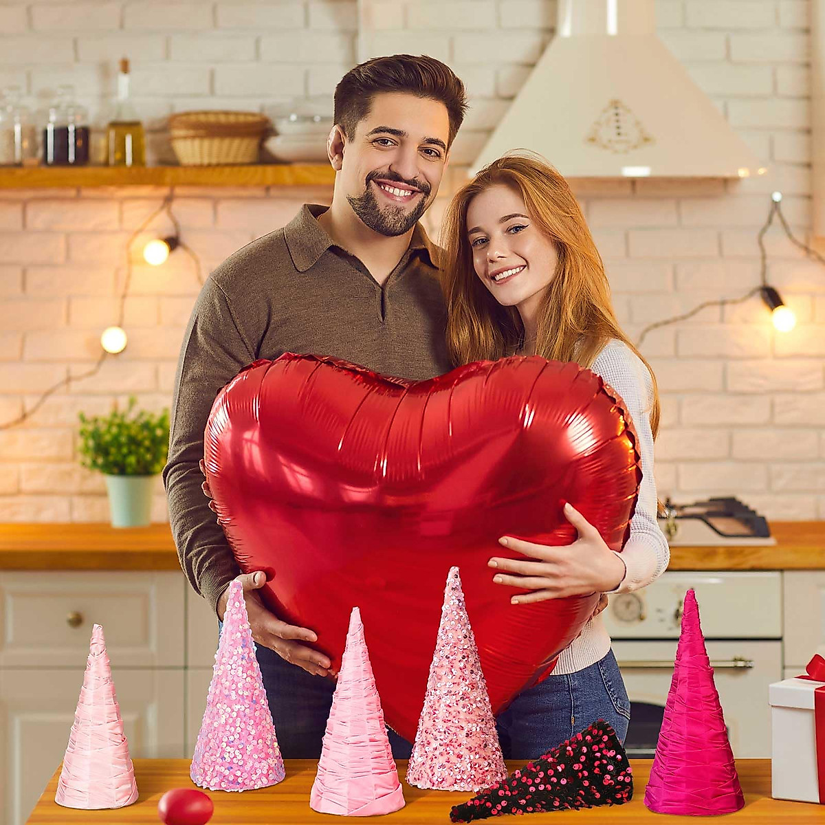 Kigley 6 Pcs Pink Valentine Day Tree Cone Decor 3 Various Size Tabletop Cone Valentine Trees Table Decorations Christmas Indoor Tiered Tray Home Decor Centerpieces(Pink,Wood)