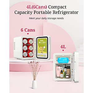 Oterbear 4L Mini Skincare Fridge, Makeup Fridge with Dimmable LED Light Mirror, Cooler and Warmer, Cosmetic Refrigerator for Bedroom, Office, Dorm and Car, White