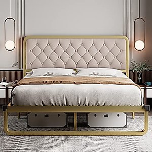 Feonase Full Size Platform Bed Frame with Heavy-Duty Steel Slats, Velvet Upholstered Headboard, 12" Storage Space, No Box Spring Required, Noise Free, Easy Assembly, Golden and Beige