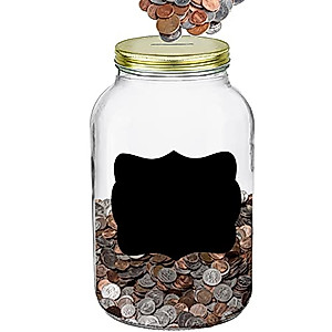 Large Coin Bank Jar for Adults - Giant One Gallon Glass Piggy Bank for Adults with Gold Slotted Metal Lid, Clear Tip jar for Money, Coin Jar for Adults, Money jar for Adults, Raffle Ticket Holder