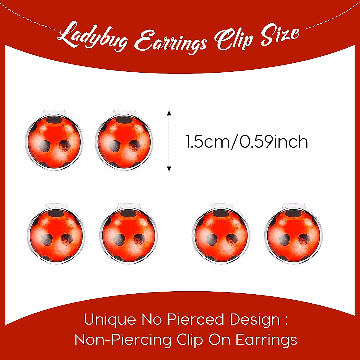Hicarer 6 Pairs Ladybug Clip on Earrings No Pierced Black Spot Red Enamel Beetle Earrings for Women Halloween Costume