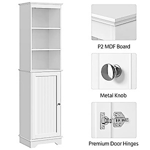 Yaheetech Bathroom Cabinet, Storage Cabinet with 3 Open Shelves & Single Door, Floor Freestanding Tall Linen Cabinet, Narrow Corner Organizer for Bathroom, Living Room, White