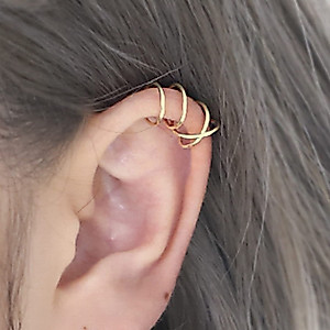 PAGOW 4x Fake Helix Ear Cuff Cartilage Earring No Piercing Earcuff, 925 Sterling Silver,14K Simple Criss Cross Double Lines Adjustable Minimalist Women Men Clip On adornment Gifts 2 styles (GOLD)