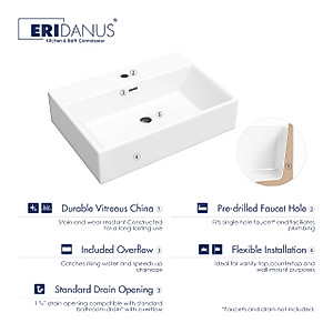 24" x 16" Bathroom Sink Vessel Rectangle, Eridanus Hang Wall Mount Sinks Countertop Vanity Floating Trough Washbasin, Ceramic Porcelain Modern White Art Basin Bowl with Overflow