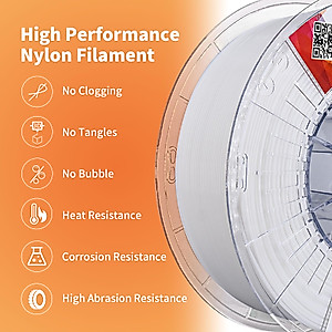 3D Printer Filament Nylon Filament PA6 Nylon Filament 1.75mm White Nylon Clear Spool Net Weight 2.2 lbs 1kg 3d Printing Filament High Strength Durability Heat Resistance 3d Printer Accessories Easy PA