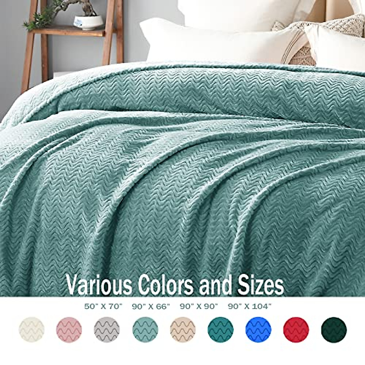 Exclusivo Mezcla Large Flannel Fleece Throw Blanket, Jacquard Weave Wave Pattern (50" x 70", Celadon) - Soft, Warm, Lightweight and Decorative