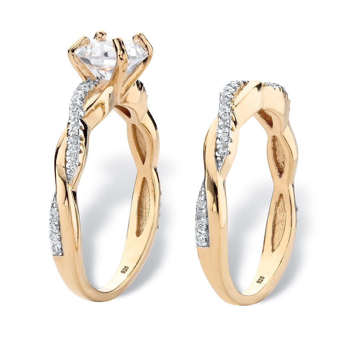 PalmBeach Yellow Gold-Plated or Sterling Silver Round Cubic Zirconia Twisted Vine Bridal Ring Set Size 10