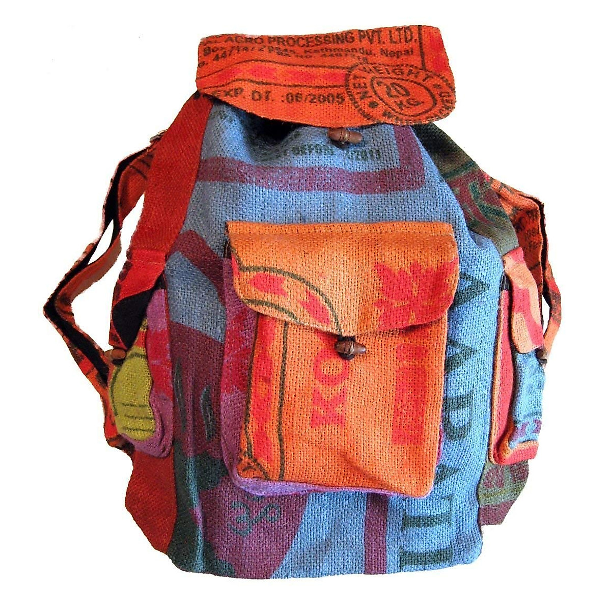 DharmaObjects Lungta Recycled Jute Rice Bag Backpack Hand Made Nepal Multi Color