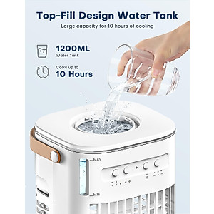 TEMEIKE 4-IN-1 Personal Air Conditioner w/Remote, 2 Ice Packs, 1200ML Tank, 7H Timer for Smart Auto-Off,2 Cool Mist,3-Speed Small Portable Air Conditioner, 7-LED Light Evaporative Air Cooler for Room