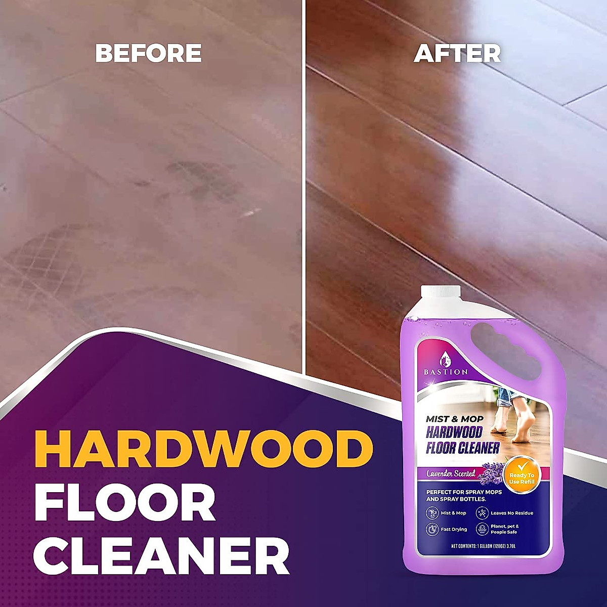 Hardwood Floor Cleaner - Ready-To-Use Solution - Multi-use - Water Based Liquid, Safe, Gentle, & Natural - For All Wood & Laminate Flooring - Lavender Scent