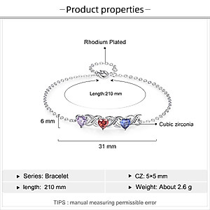 Personalized Heart Link Bracelet for Women Custom 2-7 Names Bracelets with Simulated Birthstones Adjustable Family Bracelets for Mother Daughter (3 names)