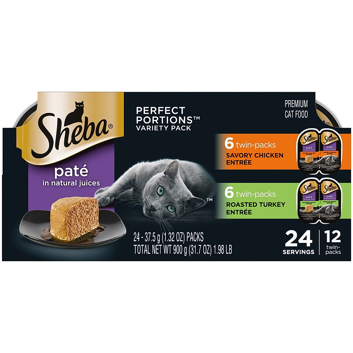 Sheba Perfect Portions Variety Pack Savory Chicken and Roasted Turkey Entrees Wet Cat Food, 2.64 oz., Count of 12