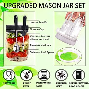 Overnight Oatmeal Lid，Overnight Oats Containers 4 piece set，Pickle Fork ，spoon，Suitable for mason jars and overnight oats jars(black White，Jars not Included)