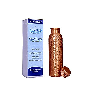 Kitchnver 100percentage Handcrafted Floral Engrave Pure Copper Water Bottle 34 Oz 1 Liter Extra Large Leak Proof Vessel Pot Etched
